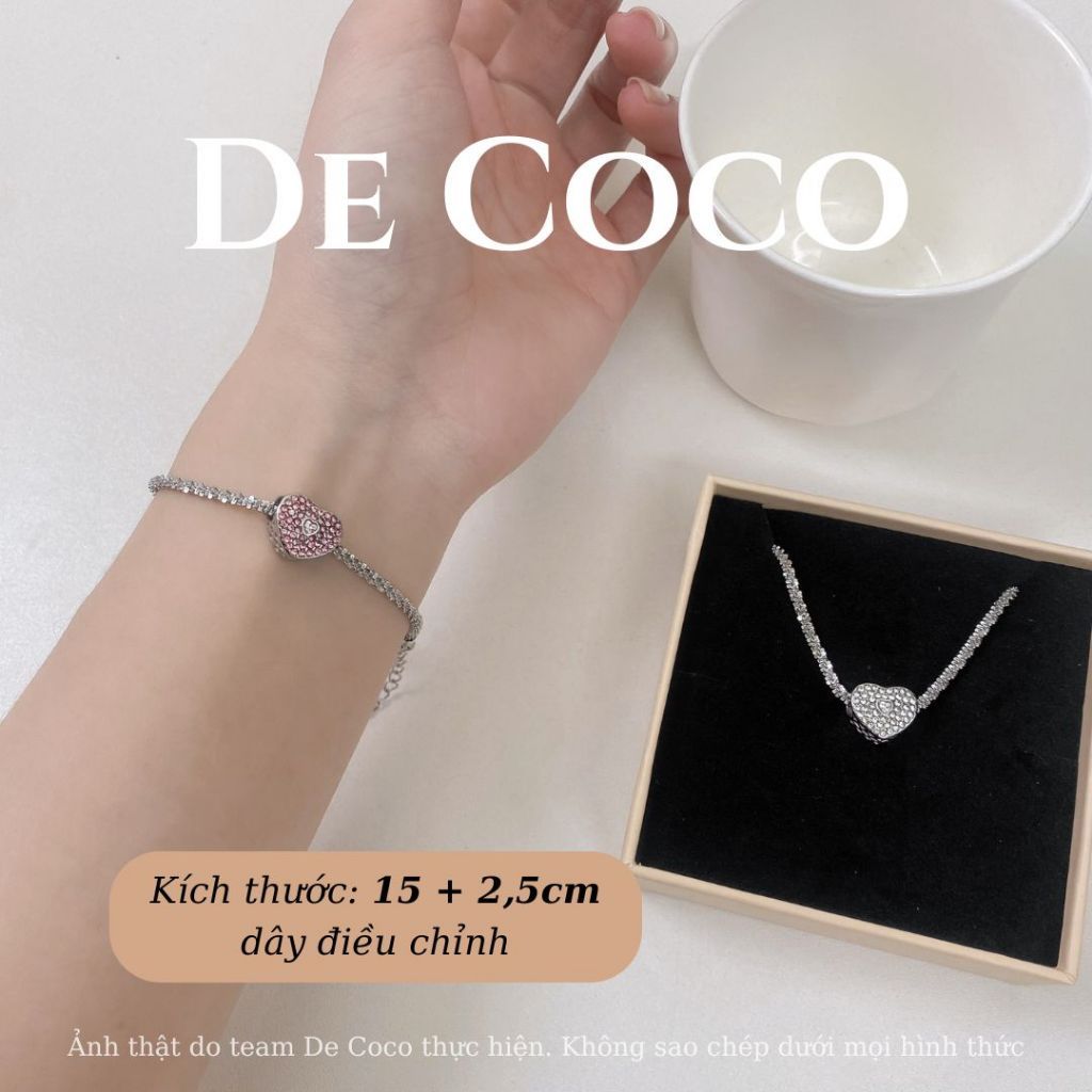 Vòng tay nữ De Coco Jenny dây xù 1 charm trái tim hồng đính đá (kèm Túi giấy + Hộp + Thiệp ...
