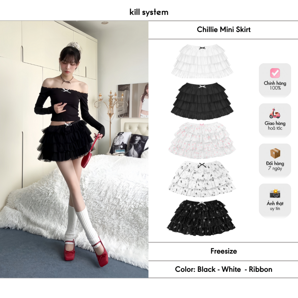 Chân váy voan tầng Chillie Kill System dáng ngắn đính nơ bồng bềnh | Shopee Việt Nam