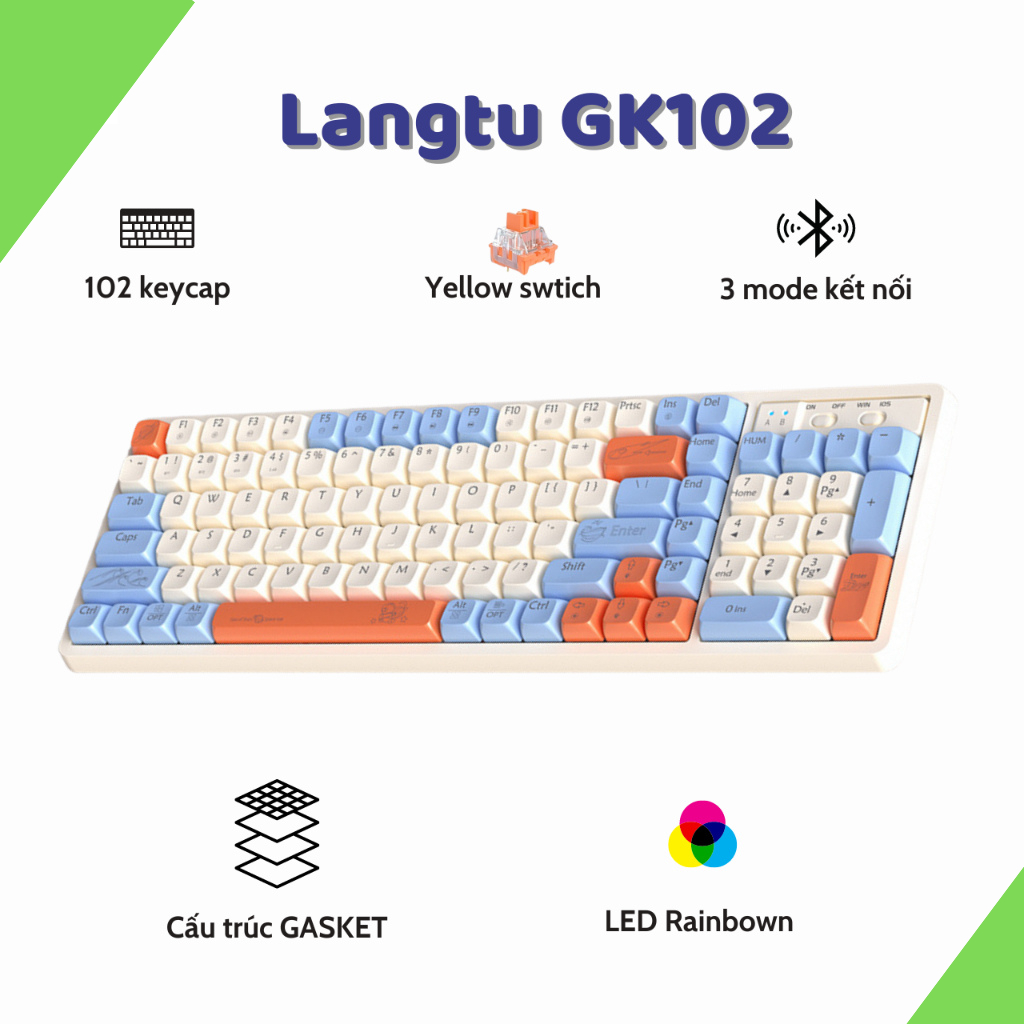 Bàn Phím Cơ Không Dây Bluetooth LANGTU GK102 - Full 102 phím - Golden Switch - Có Hotswap - 3 ...
