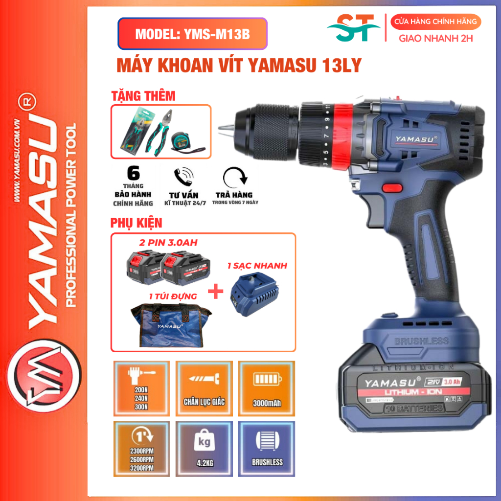 Máy khoan vít cầm tay Pin 21V YAMASU YMS-M13B đường kính mũi 13mm với 20 cấp độ siết và 3 chế độ ...