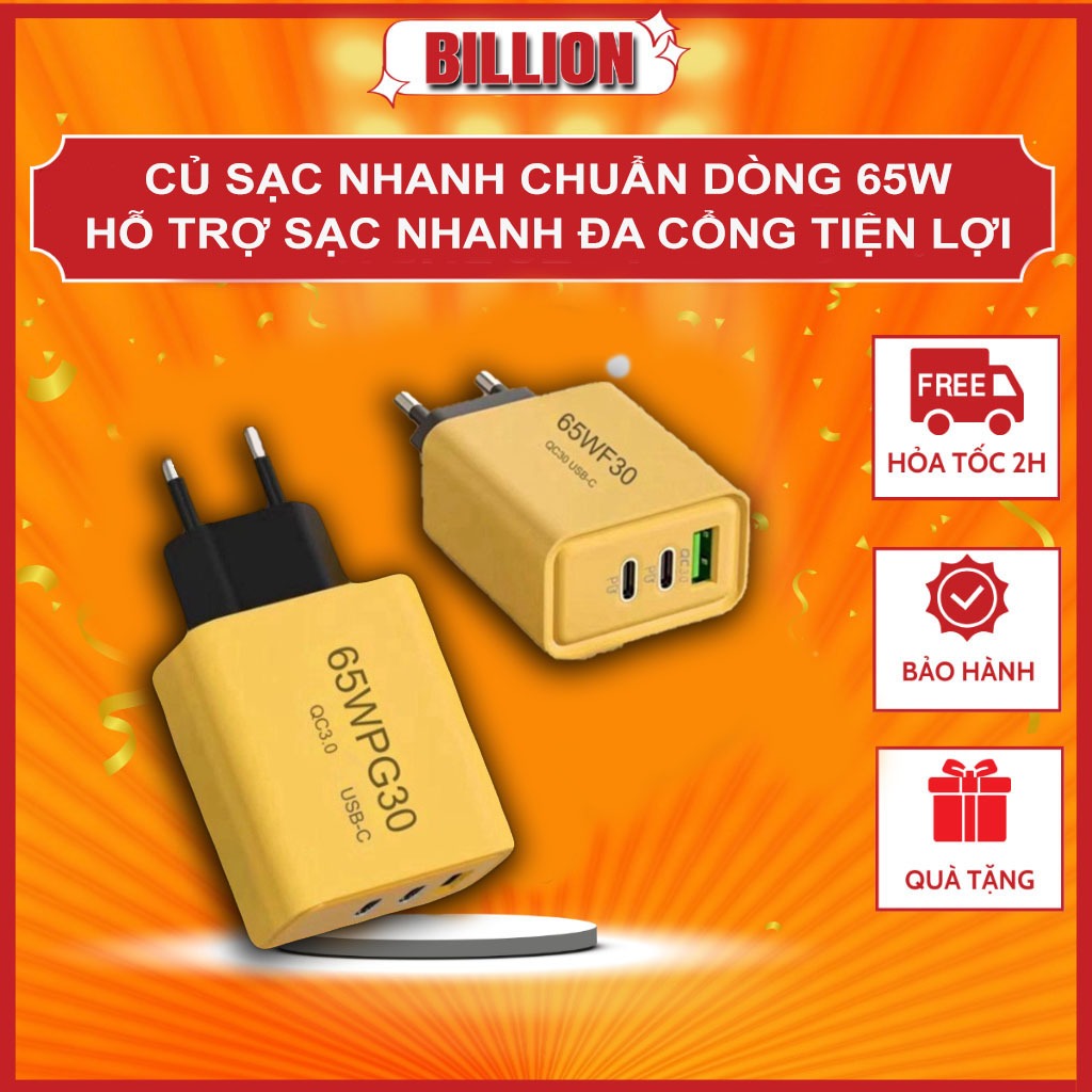 Cục Sạc Nhanh BILLION 65W QC3.0 Gồm 3 Cổng Sạc PD USB Và Type C Hỗ Trợ ...