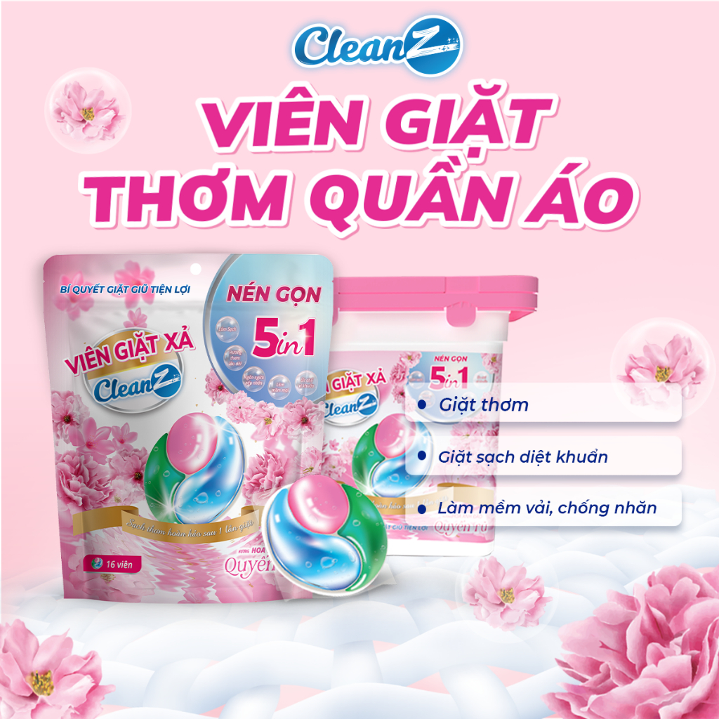 Viên giặt thơm CleanZ giặt sạch diệt khuẩn tiện lợi 5 trong 1 (16 viên ...