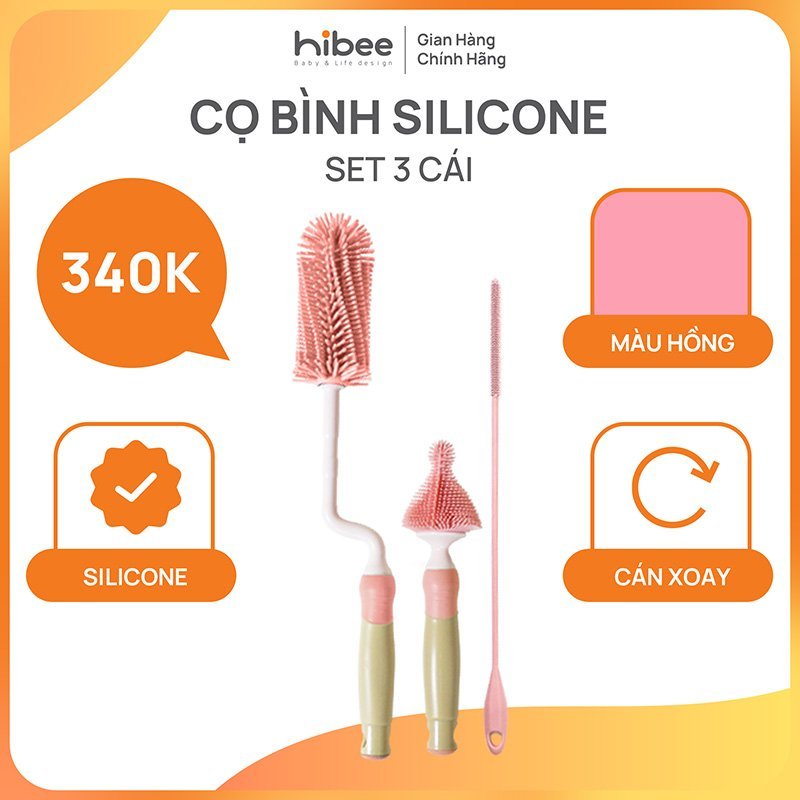 Bộ cọ bình Hibee silicone - Cán xoay/Hồng/Bộ 3 cái | Shopee Việt Nam