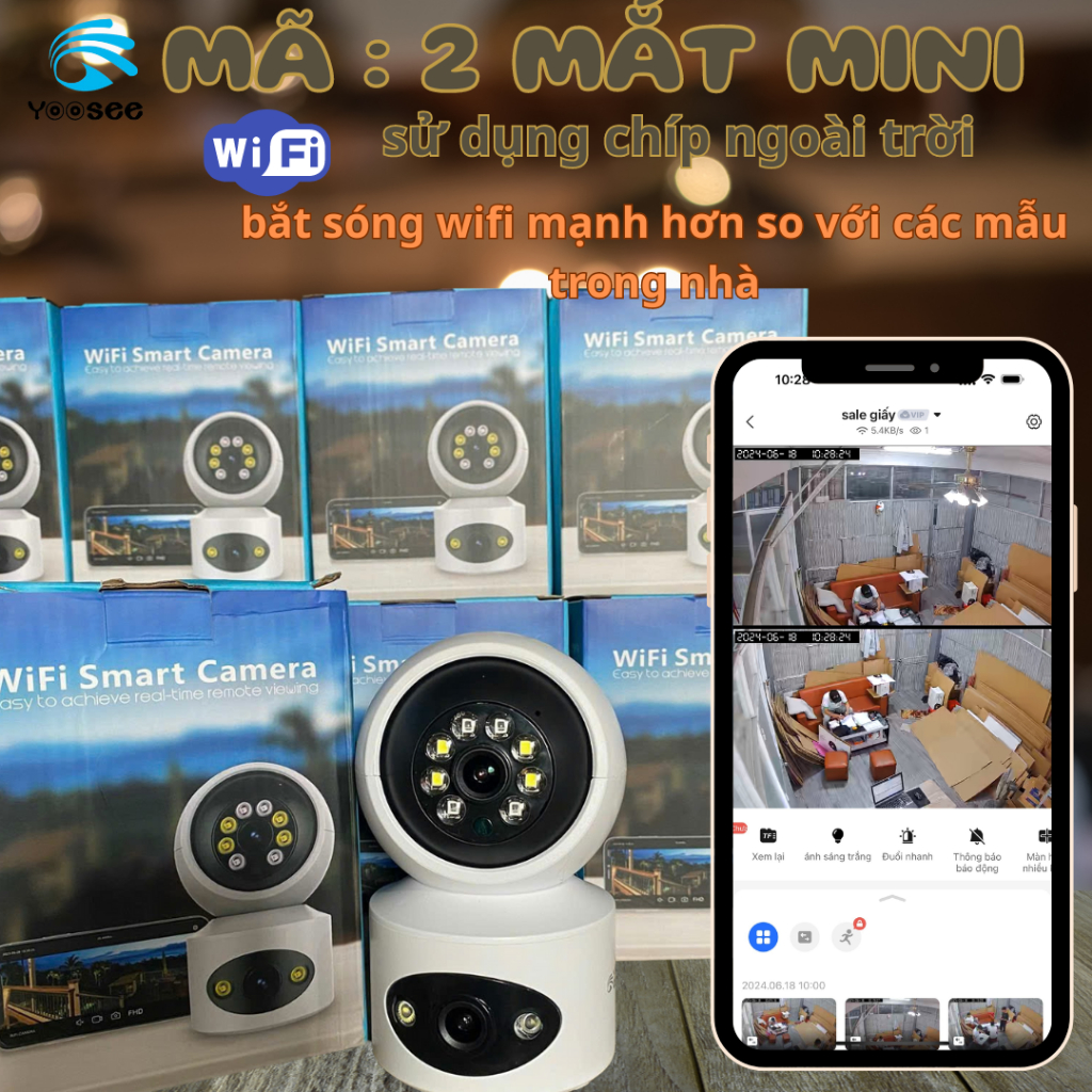 Camera Yoosee wifi trong nhà 2 Mắt Mini 8MP, Bắt sóng wifi bằng Chip ...