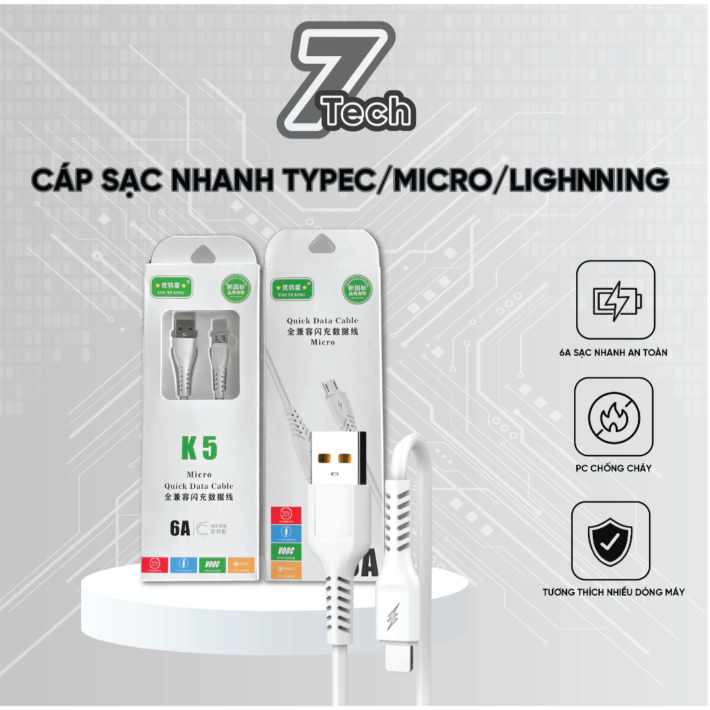 Cáp Sạc Nhanh Chân Typec, Micro USB, Táo Sạc nhanh An Toàn, Bảo vệ tuyệt đối Đối dành cho đủ ...