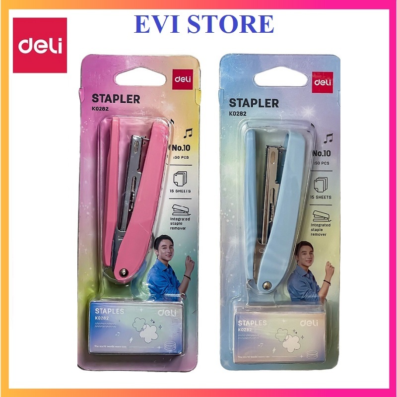 Dập ghim số 10 kèm 2 hộp kim Deli K0282 / Bấm kim Deli 0282 dập 15 tờ ...