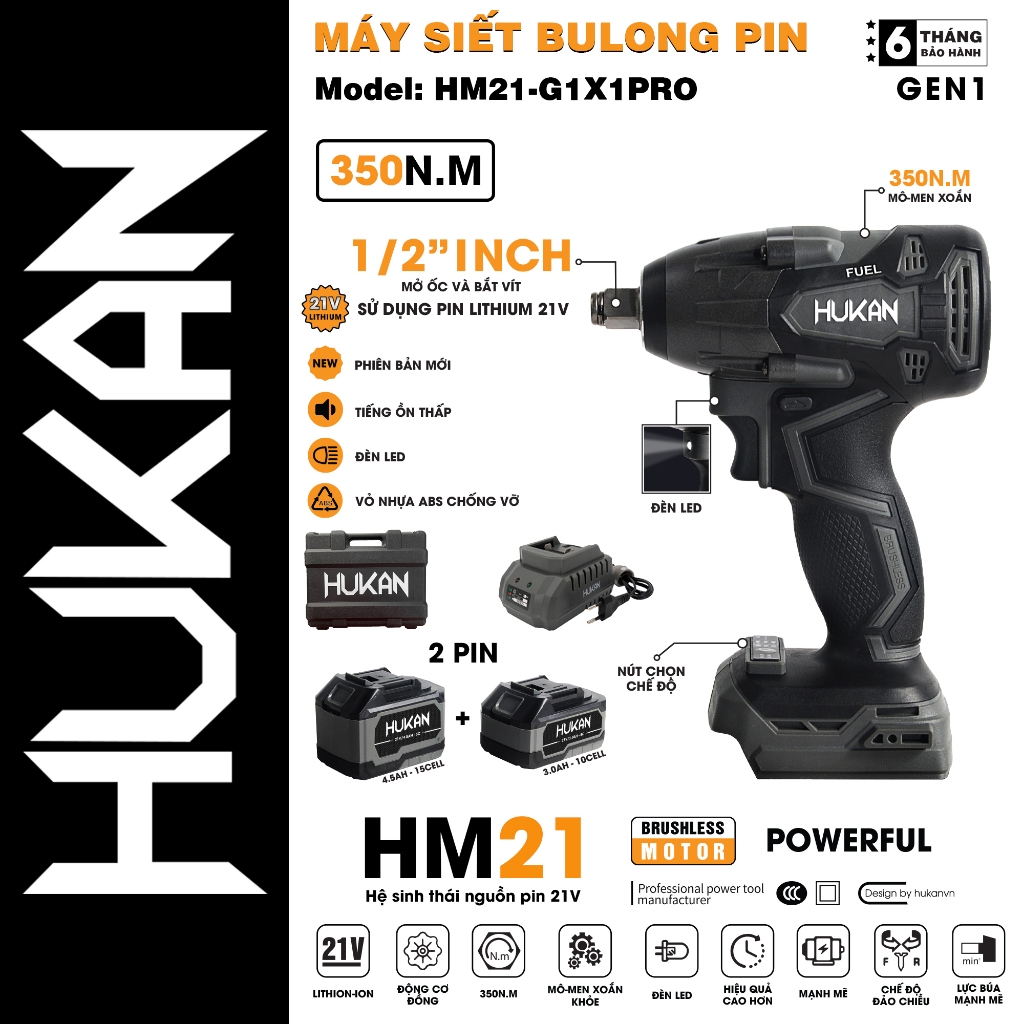 Máy siết bulong pin HUKAN HM21-G1X1PRO, Động cơ Không chổi than, Lực siết 350Nm | Shopee Việt Nam