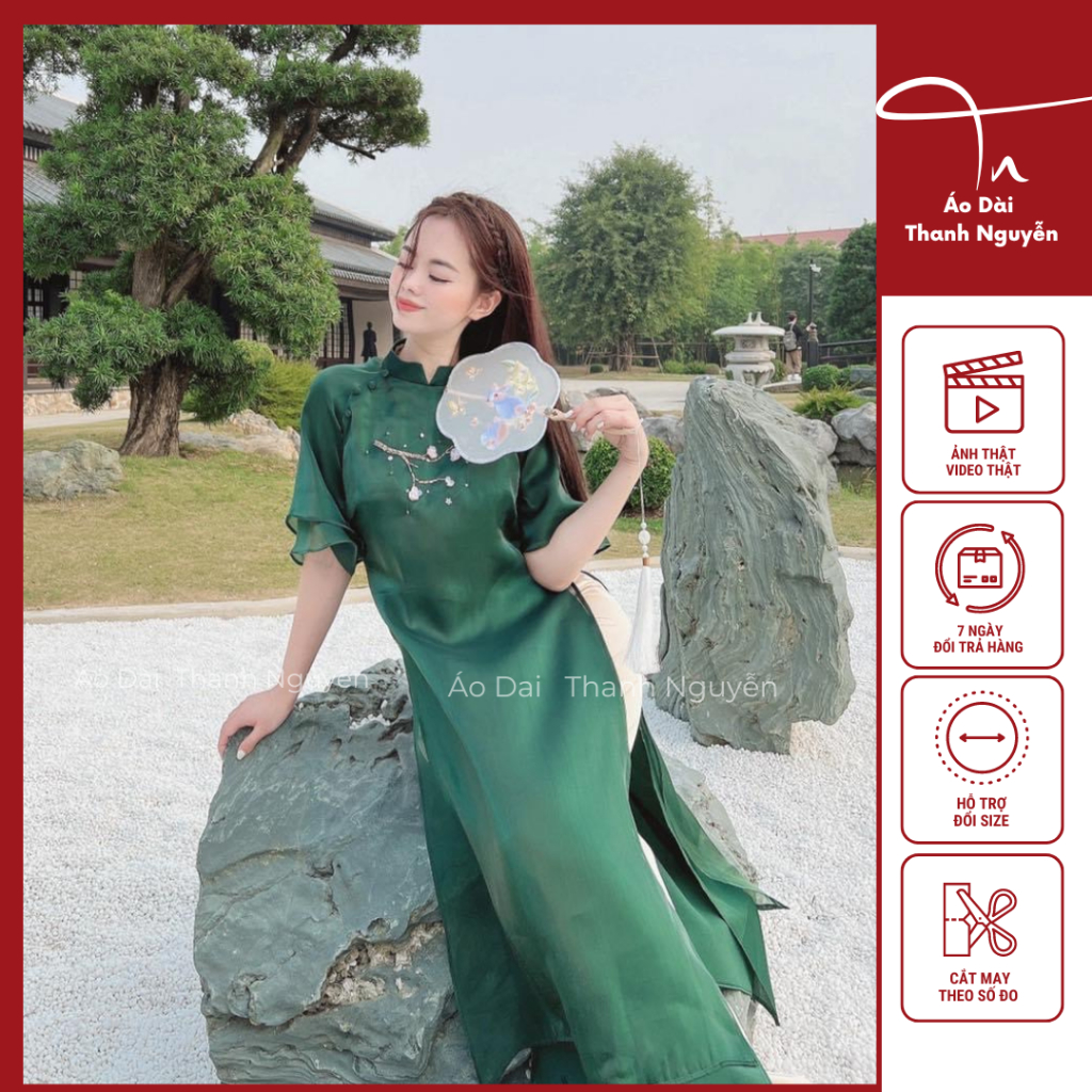 [Áo Dài Tết], Áo Dài Cách Tân Voon Tơ Óng 4 Tà May Sẵn( lin xanh ...