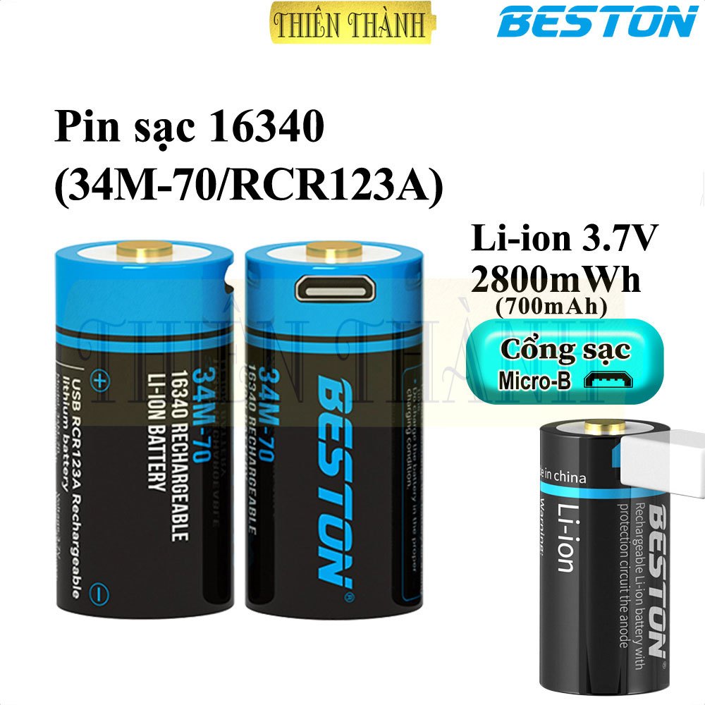 Pin sạc 16340,pin Li-ion Beston 34M-70(RCR123A),2800mWh/700mAh, pin 3 ...