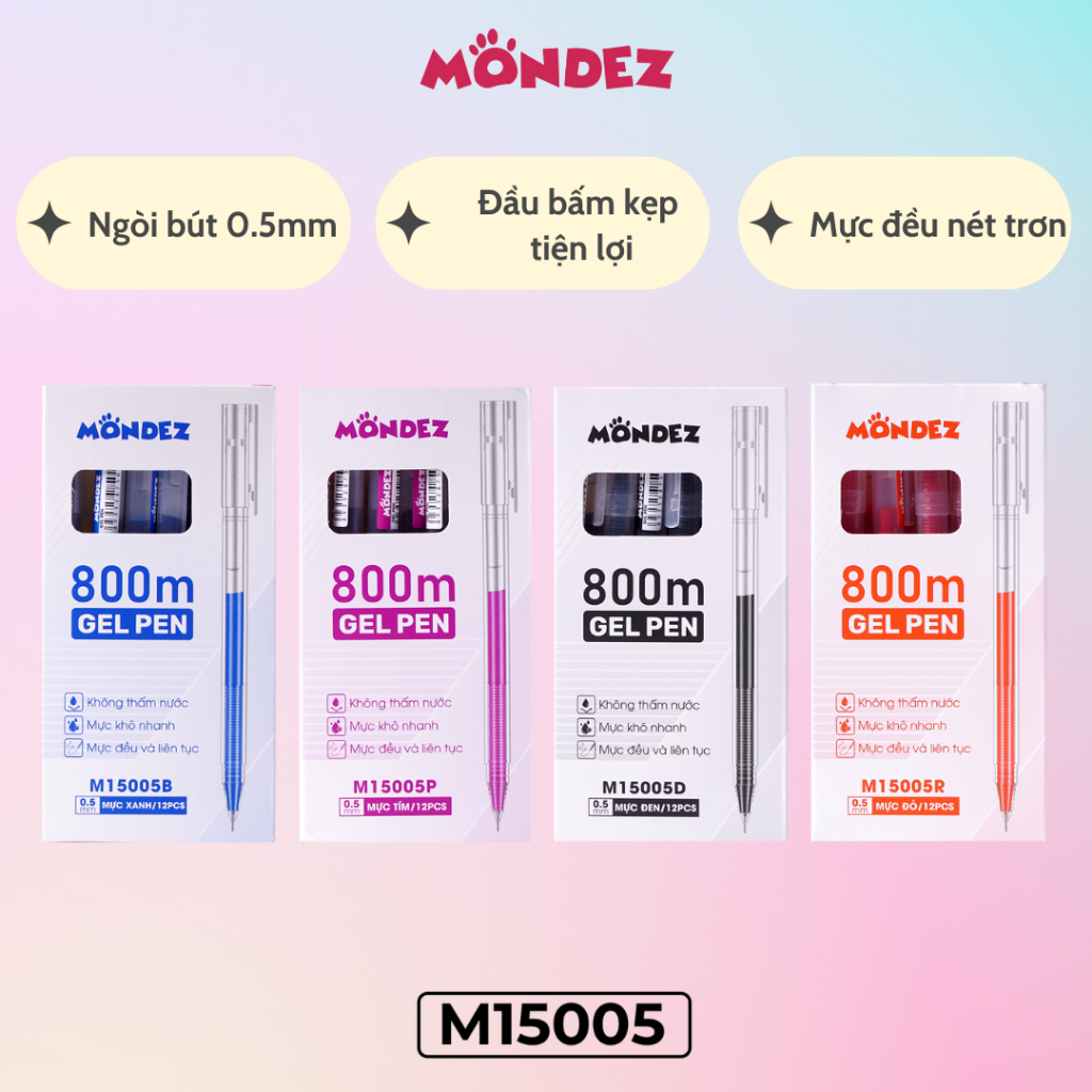 Hộp 12 Bút Gel MONDEZ Ngòi 0.5mm Nhựa Trong, Mực Xanh/Đen/Đỏ/Tím, Bút ...