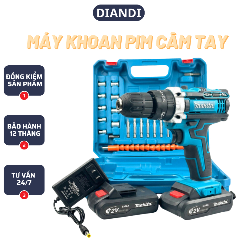 Máy khoan pin cầm tay Makita 72v, 3 chức năng khoan tường, bắt vít, khoan sắt tặng phụ kiện 24 ...