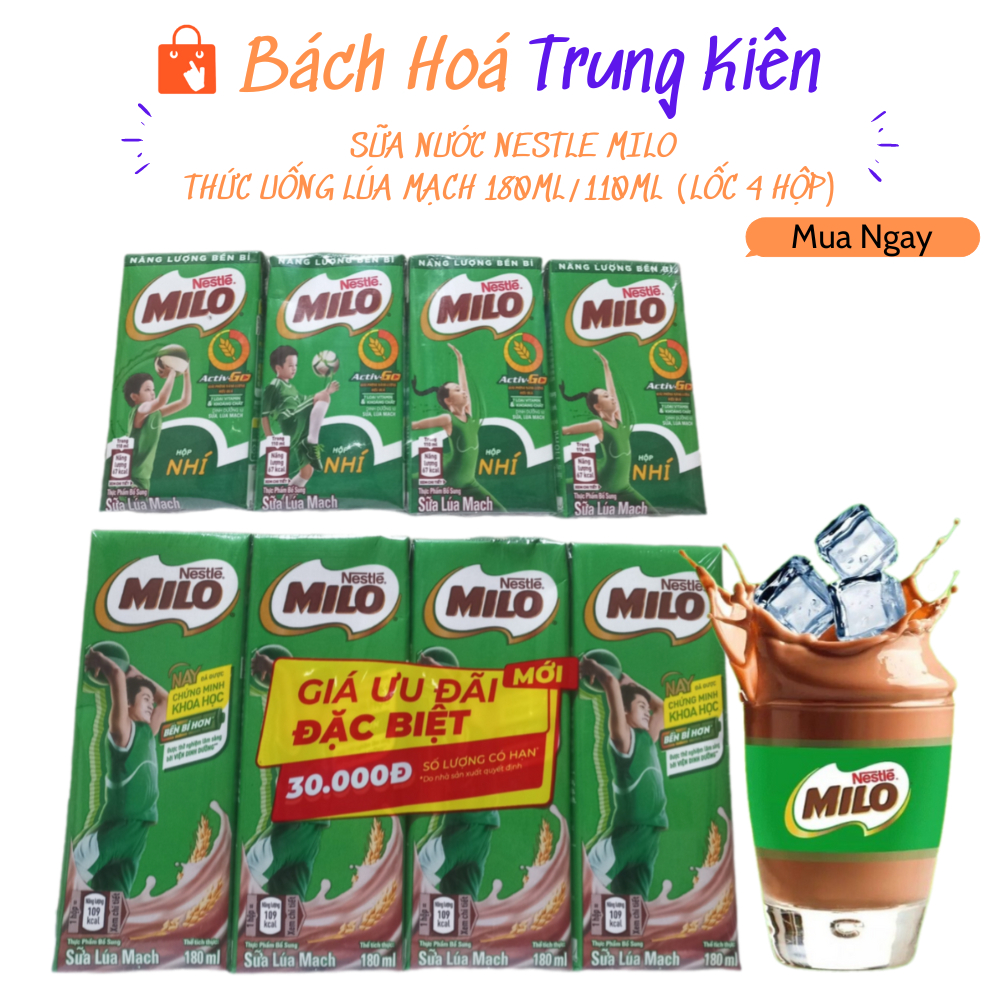 Sữa nước Nestle Milo - Thức uống lúa mạch 180m/110ml (lốc 4 hộp ...