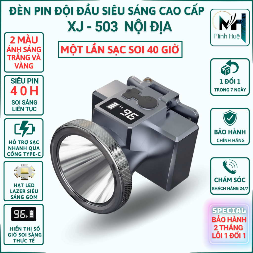 Đèn pin đội đầu siêu sáng XJ 503 pin trâu sáng 40 giờ liên tục hiển thị ...