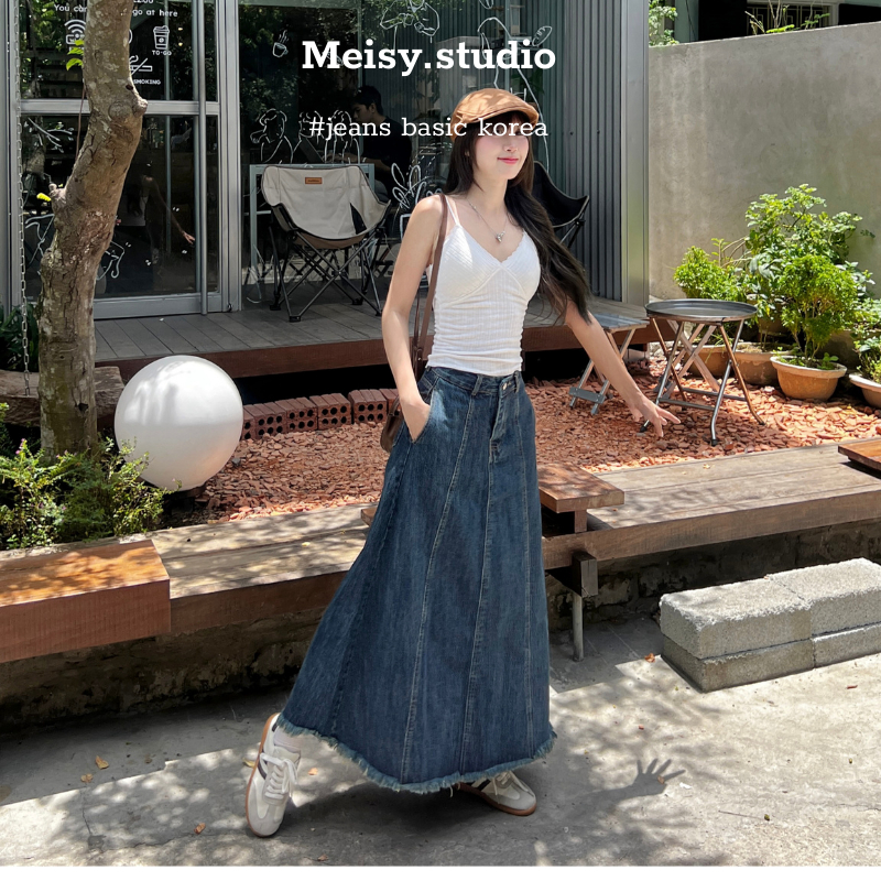Chân váy jeans bò nữ dáng xòe dài cạp lưng cao chất không co giãn phong cách Hàn Quốc Meisy ...