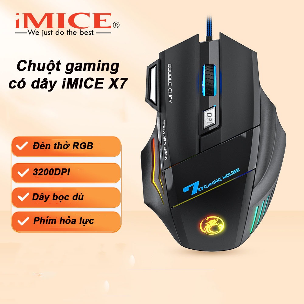 Chuột gaming có dây iMICE X7, chuột chơi game siêu mượt cao cấp 3200 DPI LED RGB, 7 phím chức ...