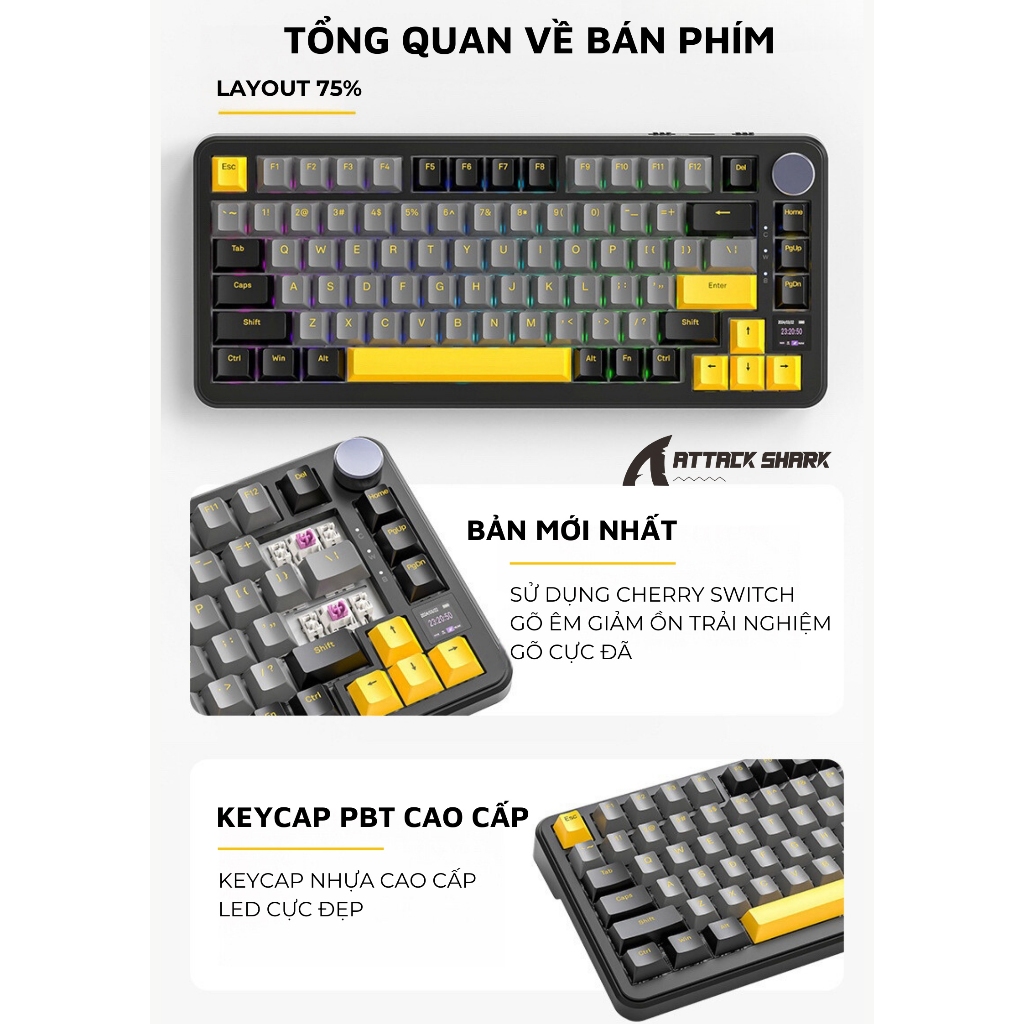 Bàn Phím Cơ Không Dây Attack Shark X85 Pro Màn Hình Hiển Thị + Núm Xoay ...