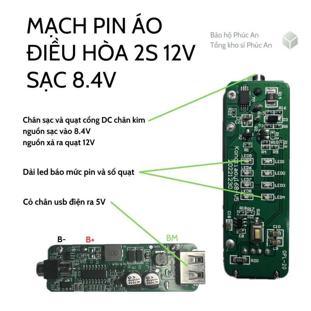 Mạch pin áo điều hòa 2S 12V chân kim sạc 8.4V cổng USB 5V | Shopee Việt Nam