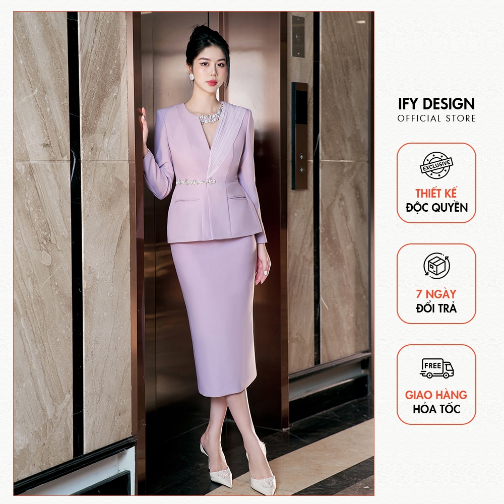 Áo blazer nữ dáng ôm đính đá ở eo, chân váy body xẻ tà dáng dài thương ...