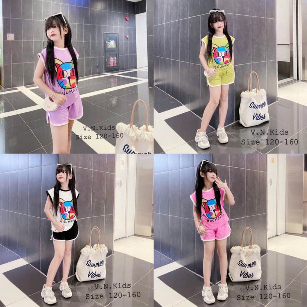 Set Bộ in hình Mèo Đa Sắc (Quần Không có Túi), Set thời trang bé gái ...