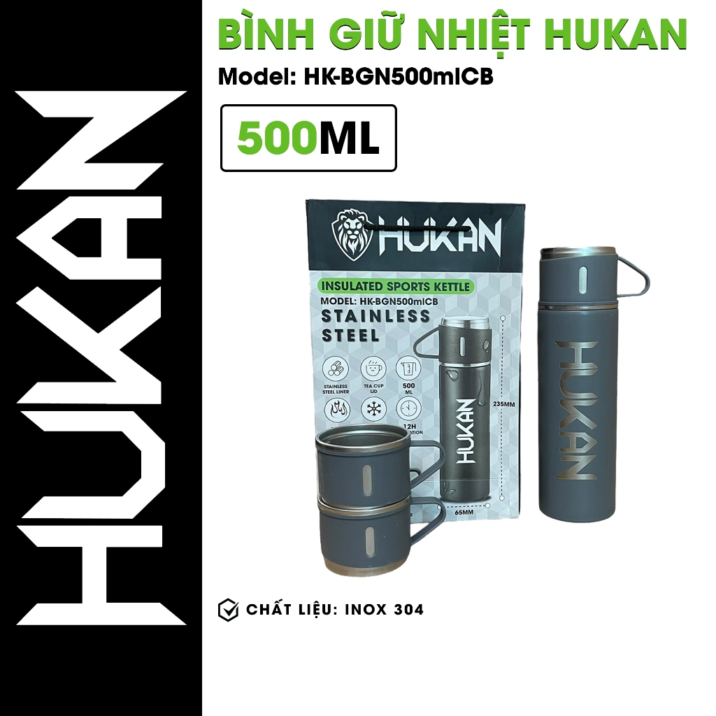 Bình giữ nhiệt HUKAN HK-BGN500mlCB, Inox 304 Thể tích 500ml, Giữ nước nóng và lạnh, 3 cốc ...