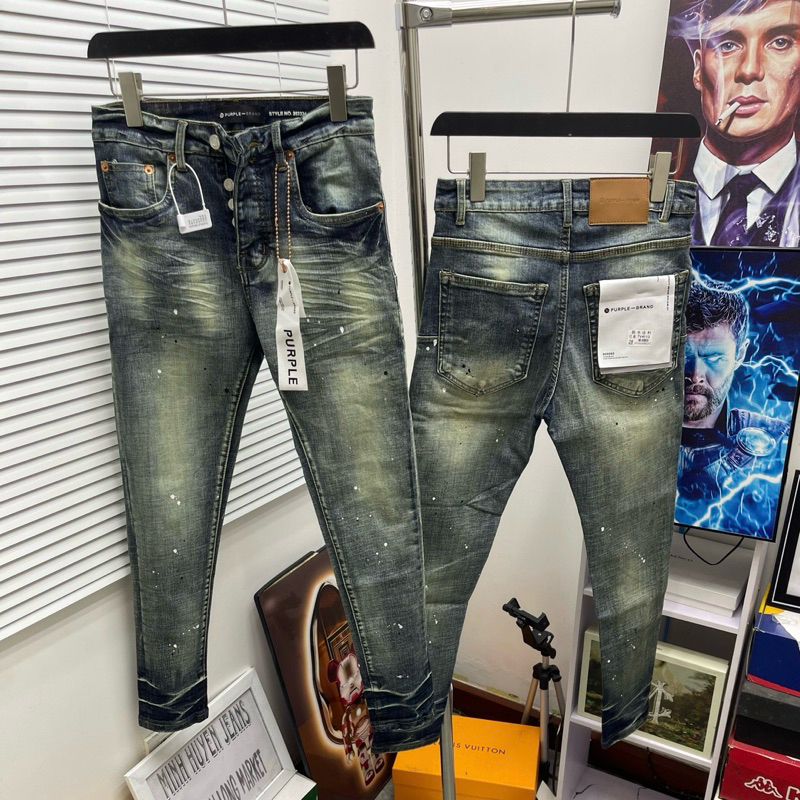 Quần jean bò nam Purple skinny trơn wash xanh loang bạc vảy sơn ống kẻ ...