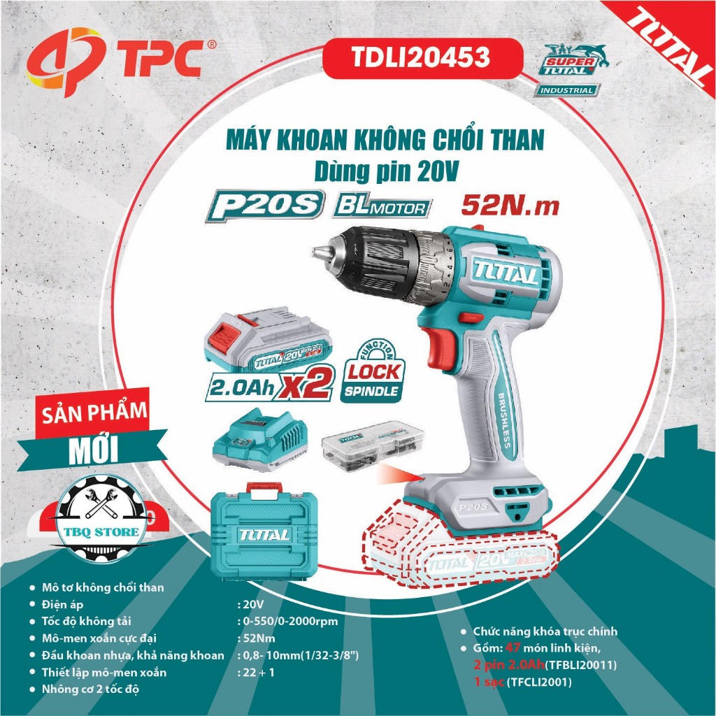 Máy Khoan Không Chổi Than Dùng Pin 20V Total TDLI20453 Mô-men Xoắn 52Nm ...