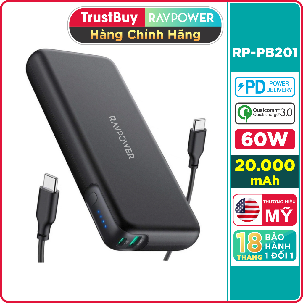 Pin Sạc Dự Phòng Laptop, Điện Thoại 20000mAh PD 60W RAVPower RP-PB201 ...