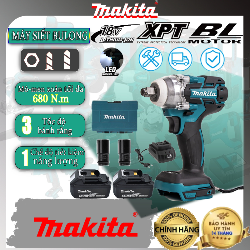 MÁY SIẾT BULONG MAKITA 18V 680N.m TẶNG BỘ PHỤ KIỆN BẮT VÍT KHOAN BÚA CẦM TAY KHÔNG CHỔI THAN ...