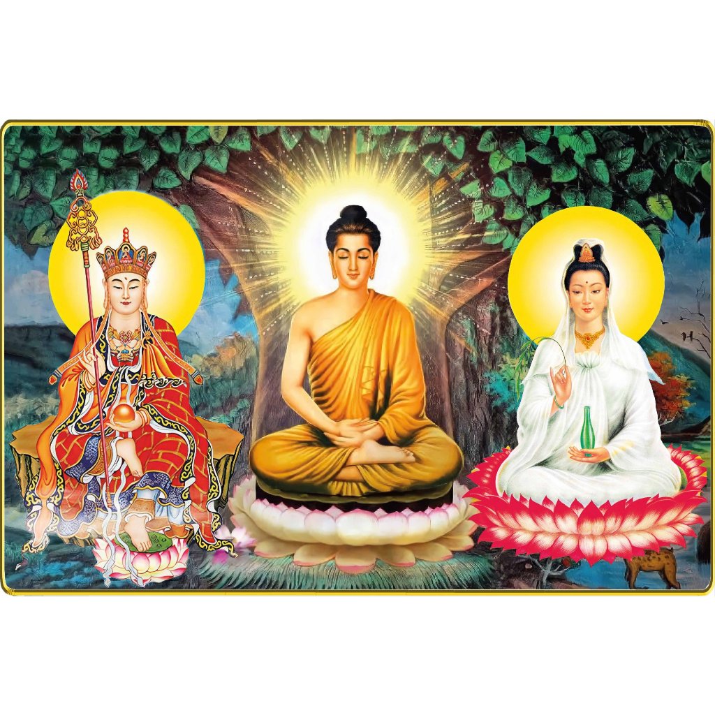 Tranh phật giáo Ta Bà Tam Thánh, mẫu 1 tấm dáng ngang, chất liệu in gỗ tráng gương bọc viền cao ...