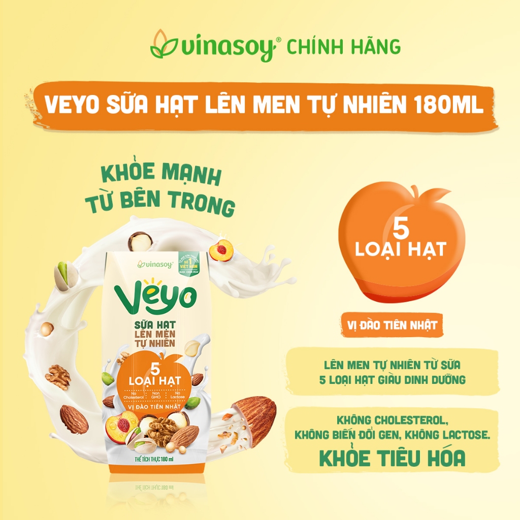Thùng Veyo Sữa hạt lên men tự nhiên Vị Đào Tiên Nhật (30hộp x 180ml) | Shopee Việt Nam