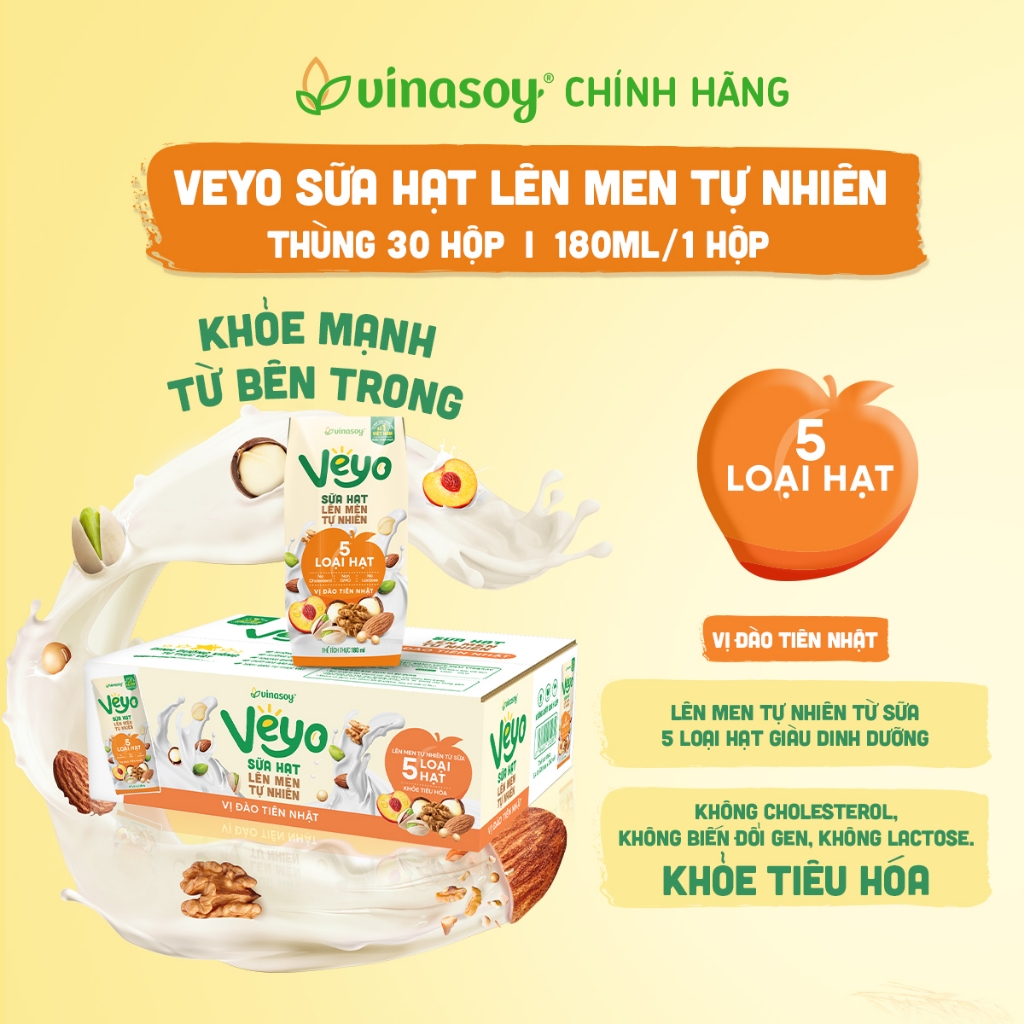 Thùng Veyo Sữa hạt lên men tự nhiên Vị Đào Tiên Nhật (30hộp x 180ml ...