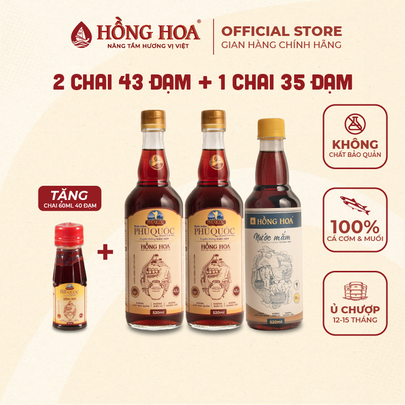 (Combo Số 2) 3 Chai Nước Mắm Phú Quốc Hồng Hoa ( 2 Chai 43 Độ Đạm 520ml và 1 Chai 35 Độ Đạm ...