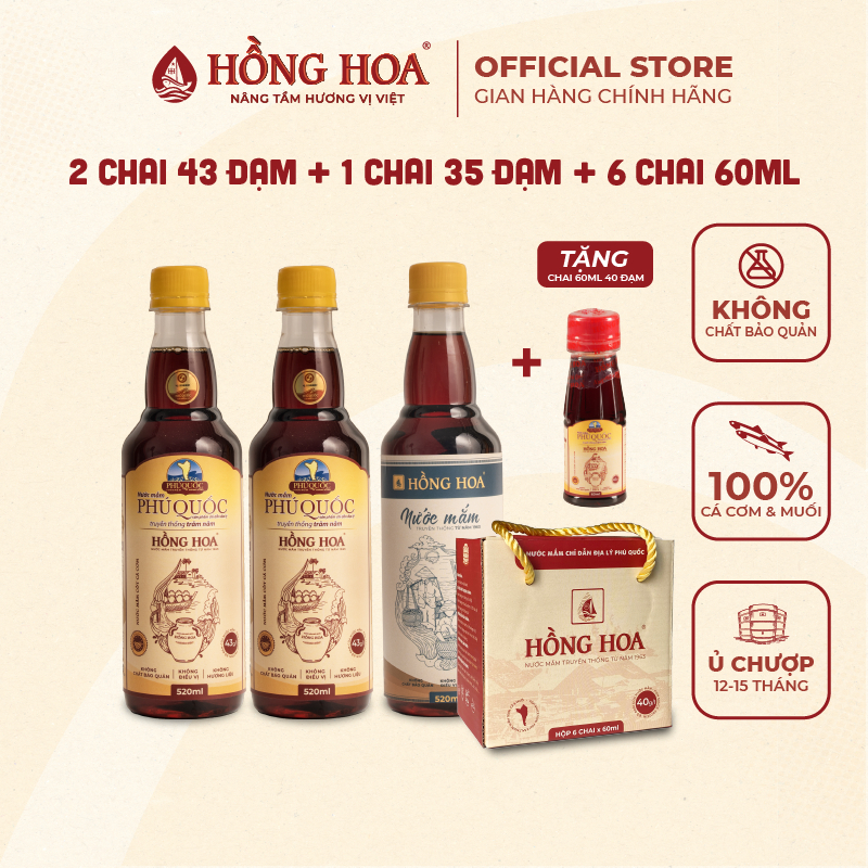 (Combo Số 4) Nước Mắm Phú Quốc Hồng Hoa ( 2 Chai 43 Độ Đạm 520ml và 1 Chai 35 Độ Đạm 520ml, 1 ...