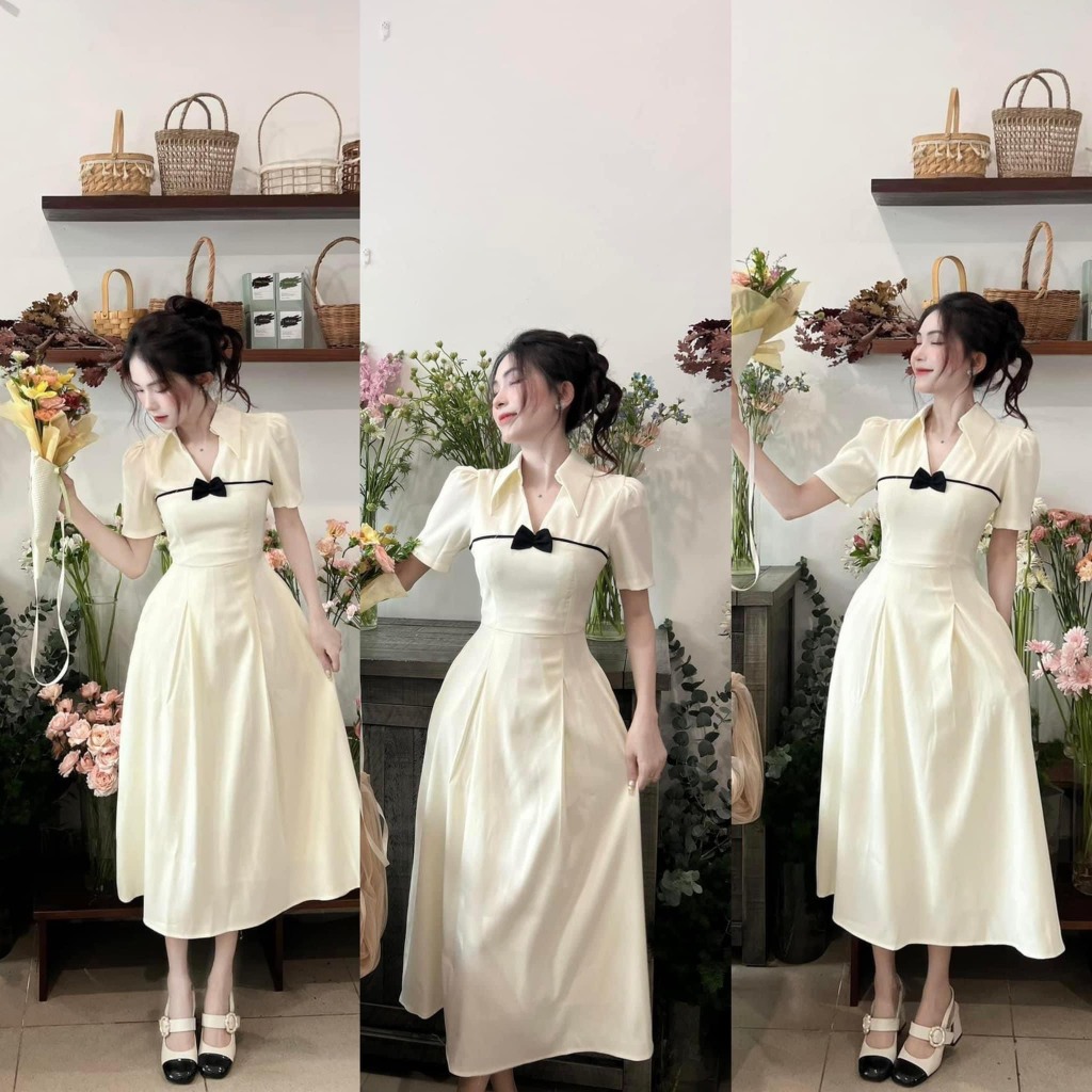 HANNA - Đầm nữ có tay cổ V phối nơ đen ôm eo dáng A dài qua gối kín đáo ...