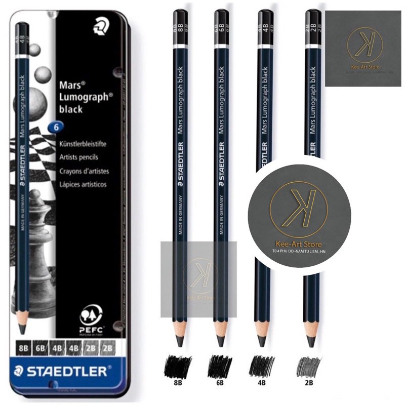 [Kee-art] Combo 1 hộp chì Đen, Xanh Staedtler Mars Lumograph Black Pencil - 2B, 4B,6B,8B,10B ...