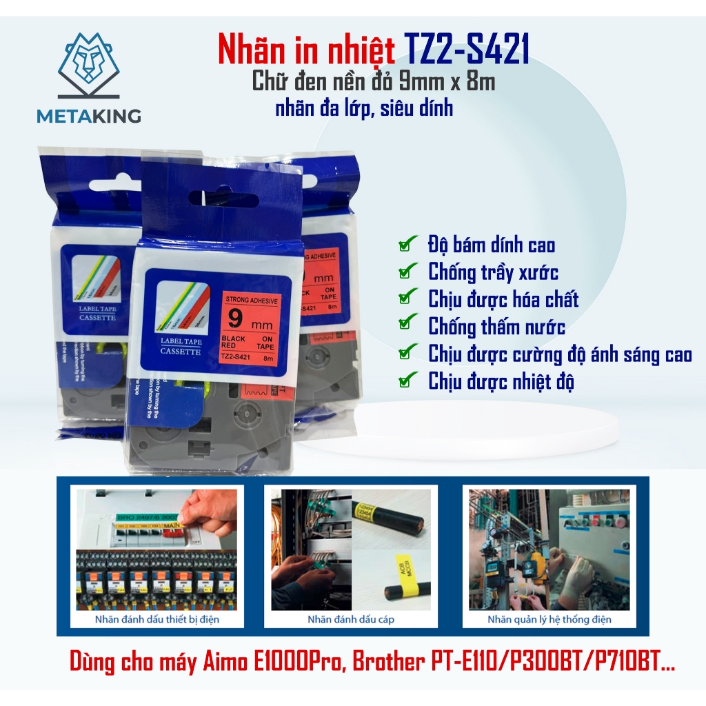 Nhãn in TZ2-S421 dùng cho máy Aimo E1000 Pro I Brother PT-E110/P300BT/P710BT - Chữ đen nền xanh ...