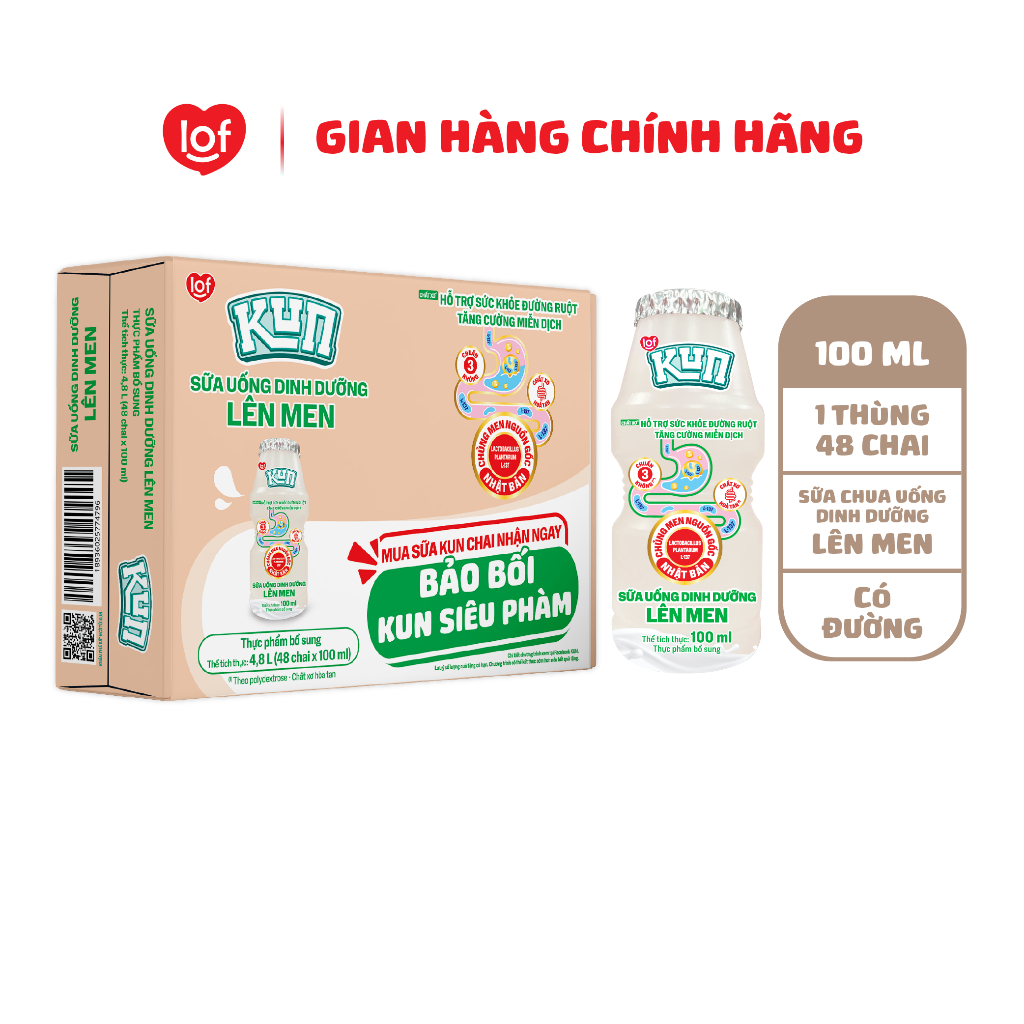 Sữa chua uống KUN dinh dưỡng lên men có đường thùng 48 chai x 100ml ...