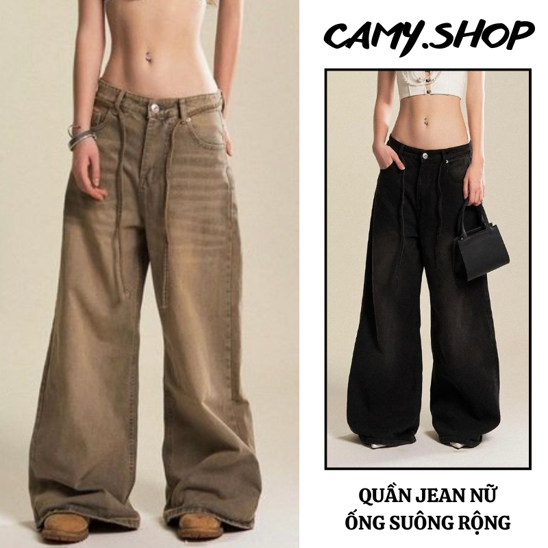 Quần jean nữ Retro ống suông rộng phối dây , quần jeans SMOKE Wash ống ...