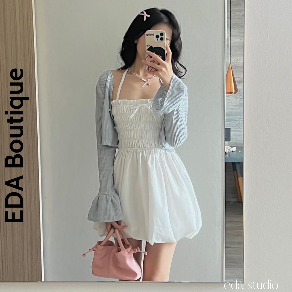 (Tách Lẻ) Set Đầm nữ dây cột cổ trắng bí ngô trắng phồng nhẹ Kèm áo khoác cardigan EDA tay ống ...