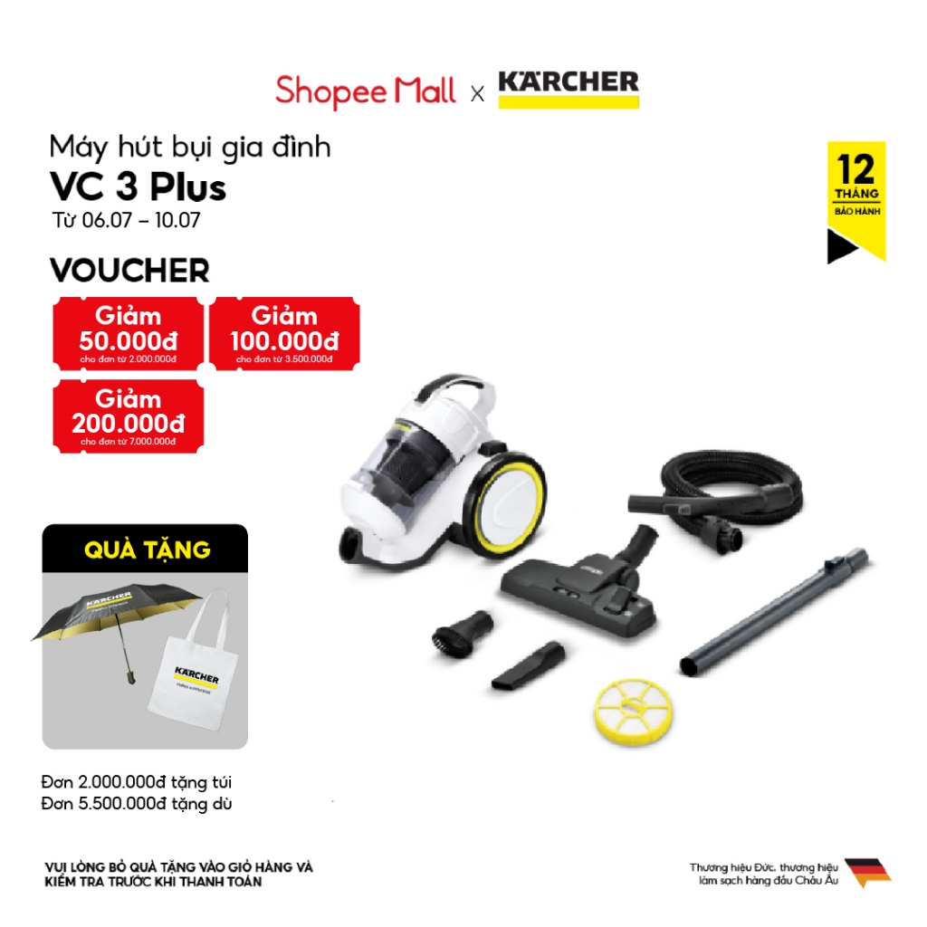 Máy hút bụi khô không dùng túi lọc bụi Karcher VC 3 Plus công suất 1100w màu trắng - bảo hành 18 ...