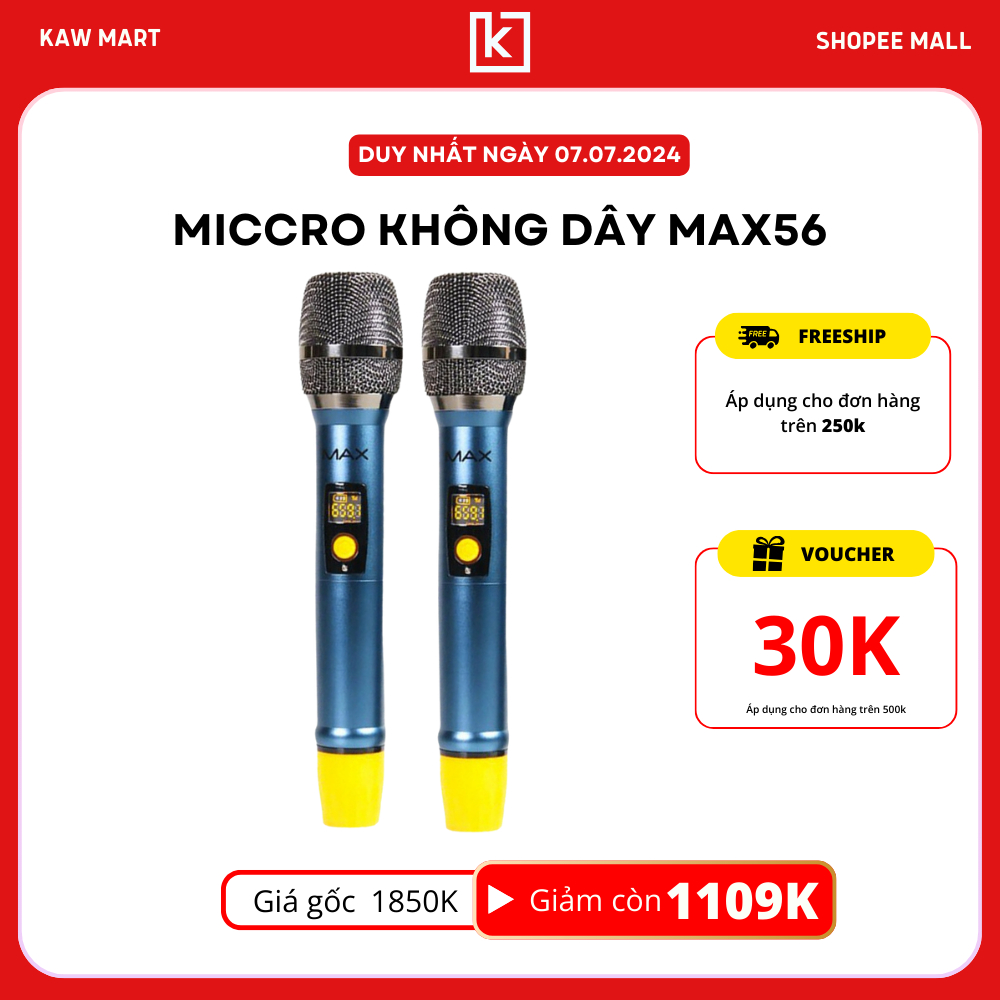 Bộ 2 miccro hát karaoke không dây UHF MAX 56 tích hợp sạc pin, cho chất ...