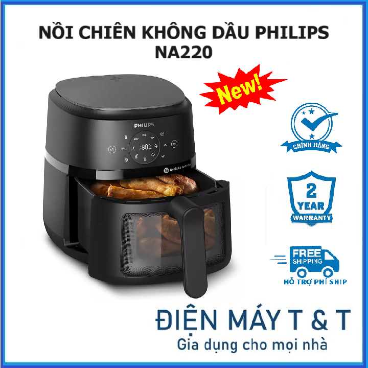 Nồi chiên không dầu Philips NA220 MẪU MỚI dung tích 4,2L mặt kính trong ...