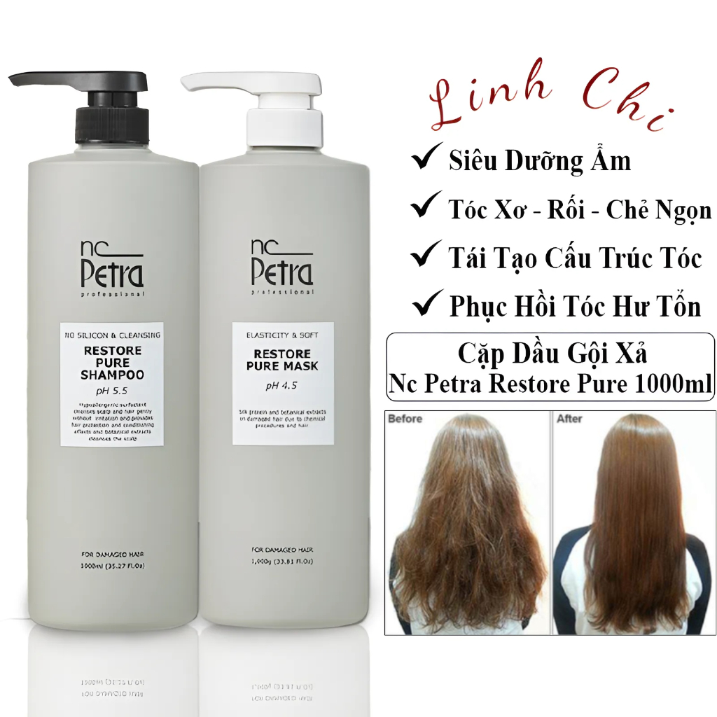 Cặp Dầu Gội Dưỡng Tóc Phục Hồi Tóc Hư Tổn Khô Xơ Rối Nc Petra Restore Pure 1000ml. Dầu Gội Xả ...