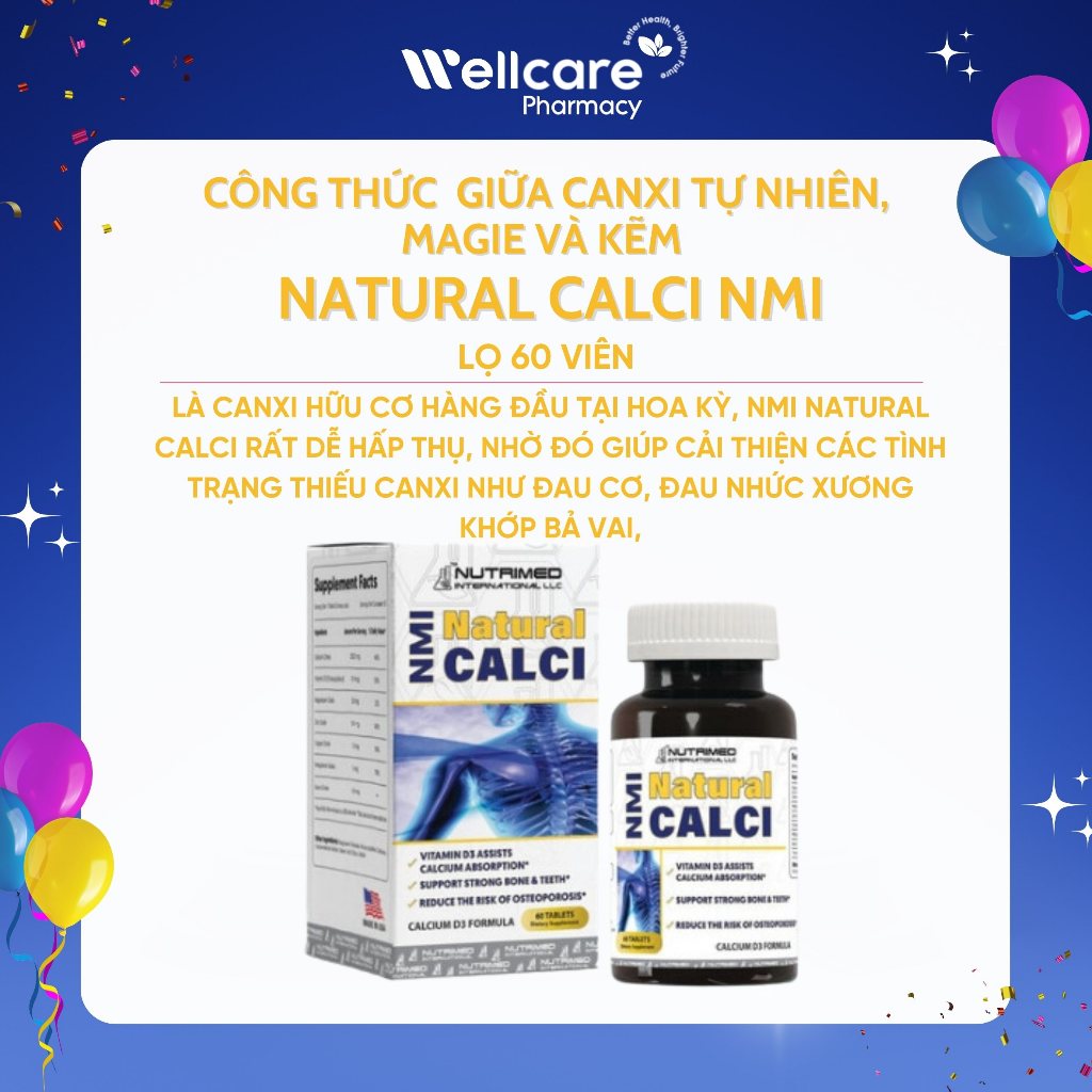 NMI Natural Calci - Lọ 60 viên Bổ sung Canxi - Giảm nguy cơ loãng xương cho người trưởng thành ...