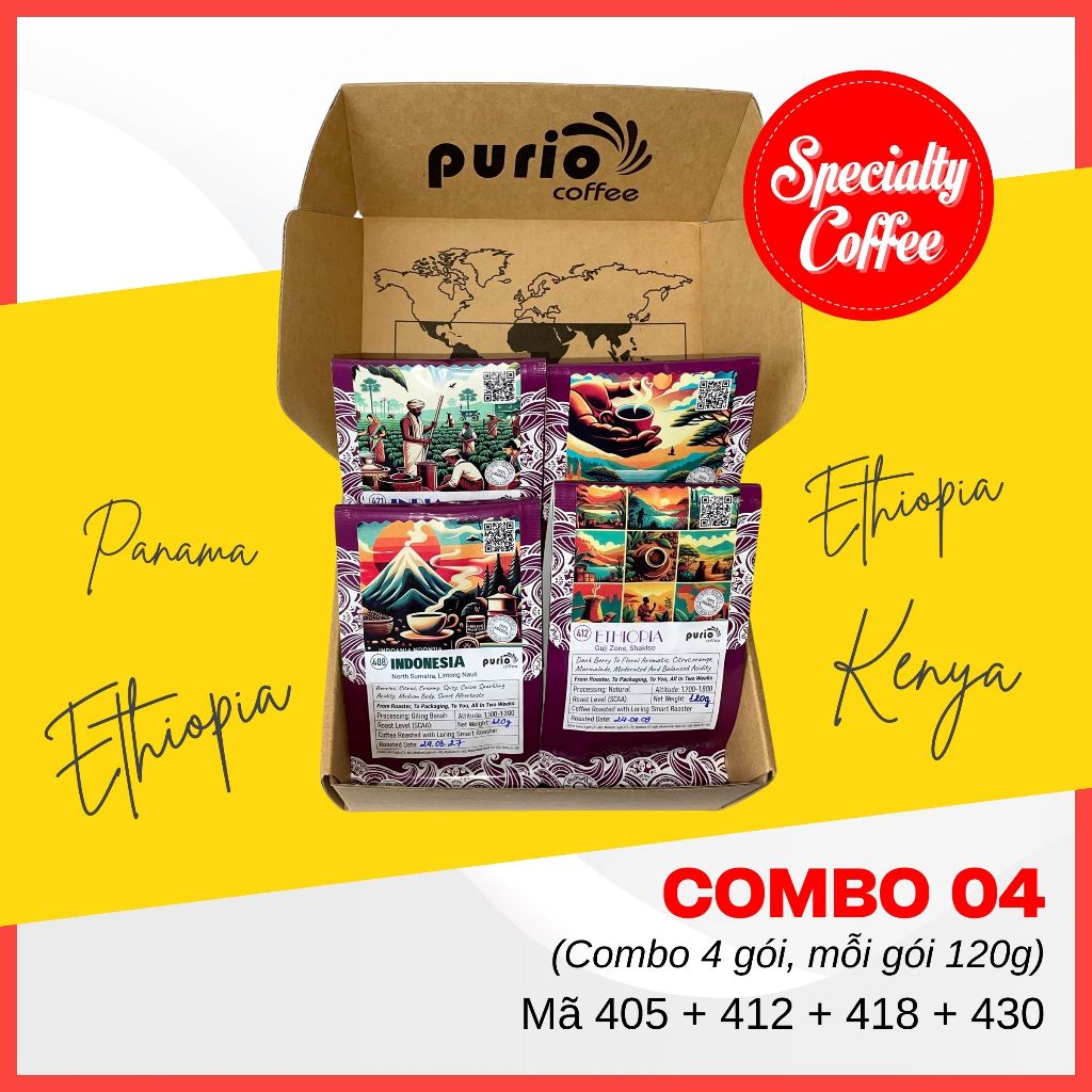 (CB4) Combo 4 vị cafe đặc sản cao cấp specialty Ethiopia,Kenya, Panama ...