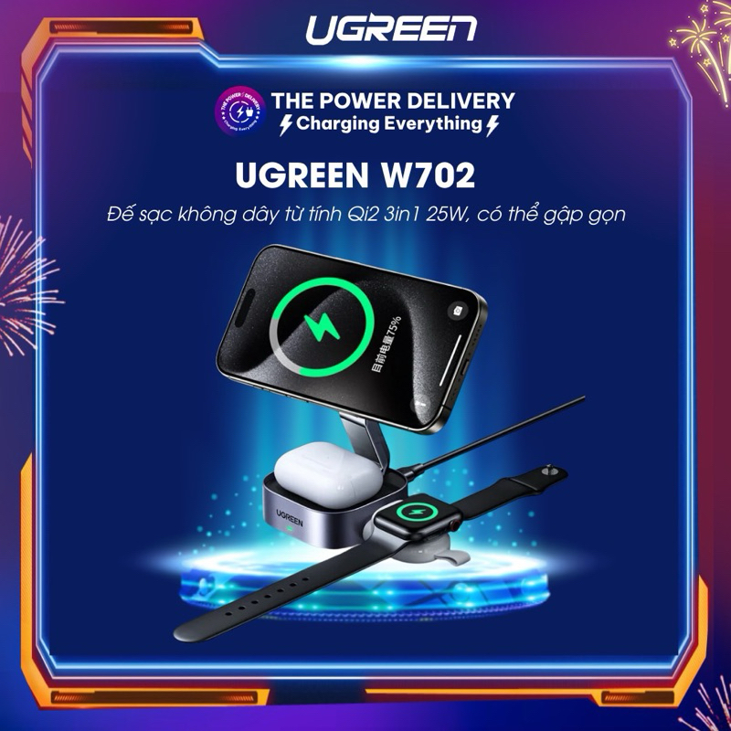 Đế sạc không dây từ tính UGREEN W702 Qi2 3in1 25W, 15W cho iP 12-15, 5W cho tai nghe, 5W cho ...