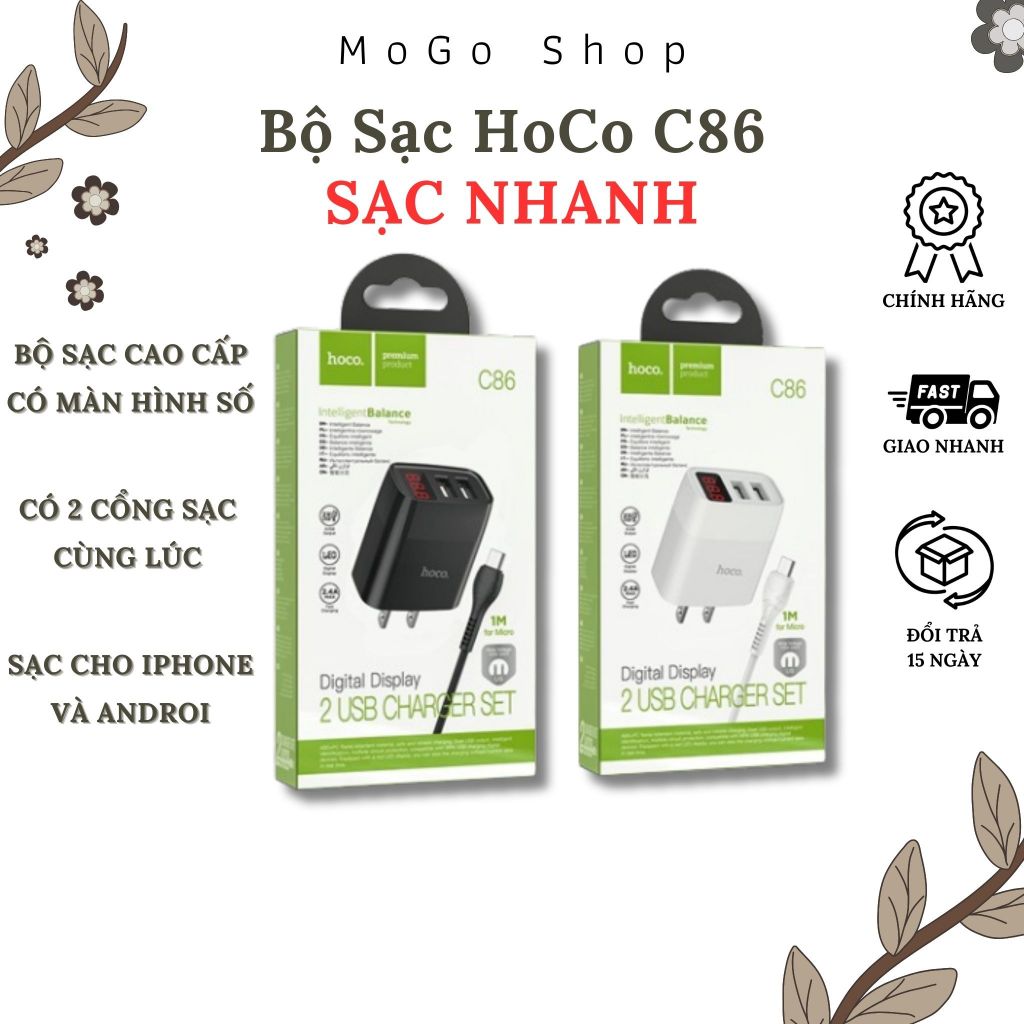 Củ Sạc HOCO C86, Sạc Nhanh 2.4A , 2 Cổng USB Ra, Có Màn Hình Led Số ...