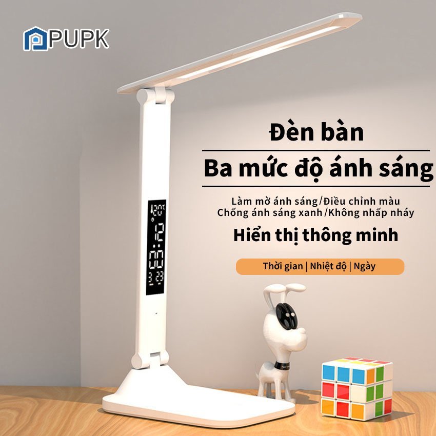 Đèn học để bàn PUPK Đèn bàn 2 bóng sạc tích điện có đồng hồ hiển thị ...