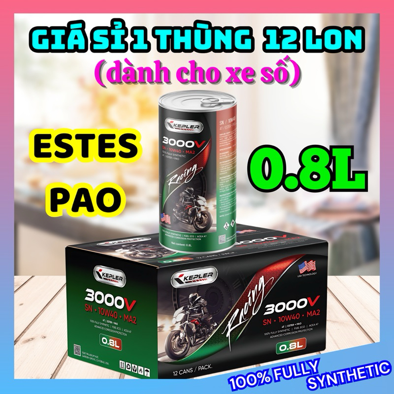 Thùng nhớt xe số giá sỉ KEPLER 3000V SN 10W40 (0.8L), dầu tổng hợp ESTER + PAO, êm bốc, mát ...
