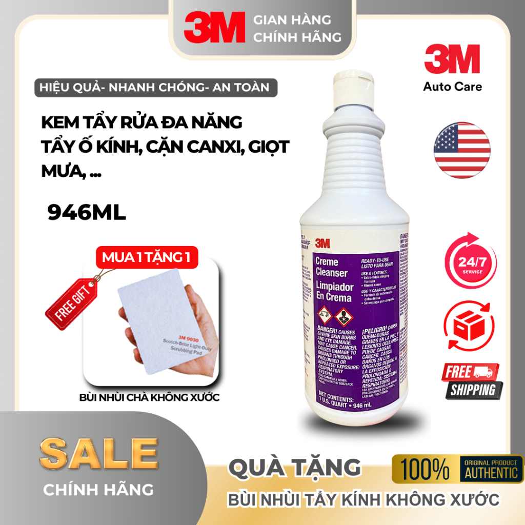 [Tằng bùi nhùi ] - Kem Tẩy Ố, Mốc Kính Xe Hơi 3M™ Creme Cleanser Limpiador En Crema 946ml ...